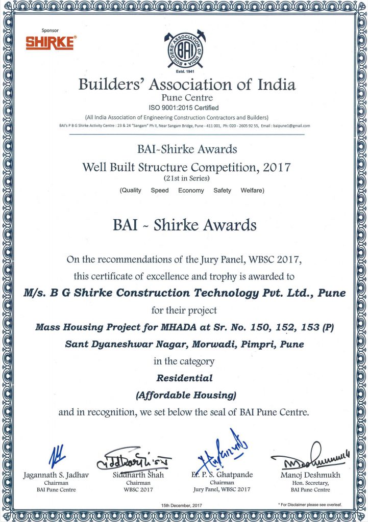 BAI – 2017 Well Built Structure Award for Mass Housing Project – Shirke ...